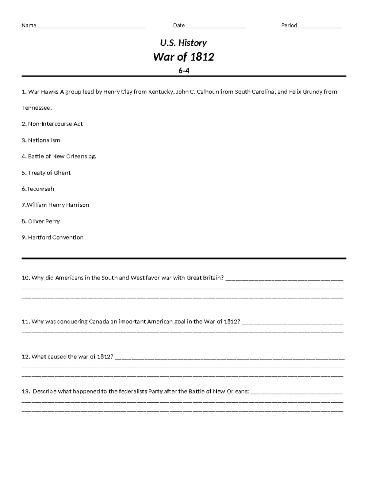 US History 6-4: War of 1812 Key Concepts & Notes Worksheet - Studocu