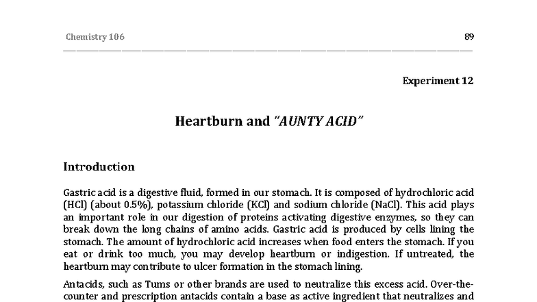 Chemistry 106 Lab Experiment 12: Analyzing Antacid Effectiveness - Studocu