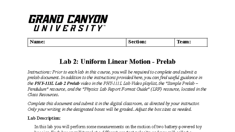 PHY111L RS T2 Lab 2: Prelab Instructions for Uniform Linear Motion ...