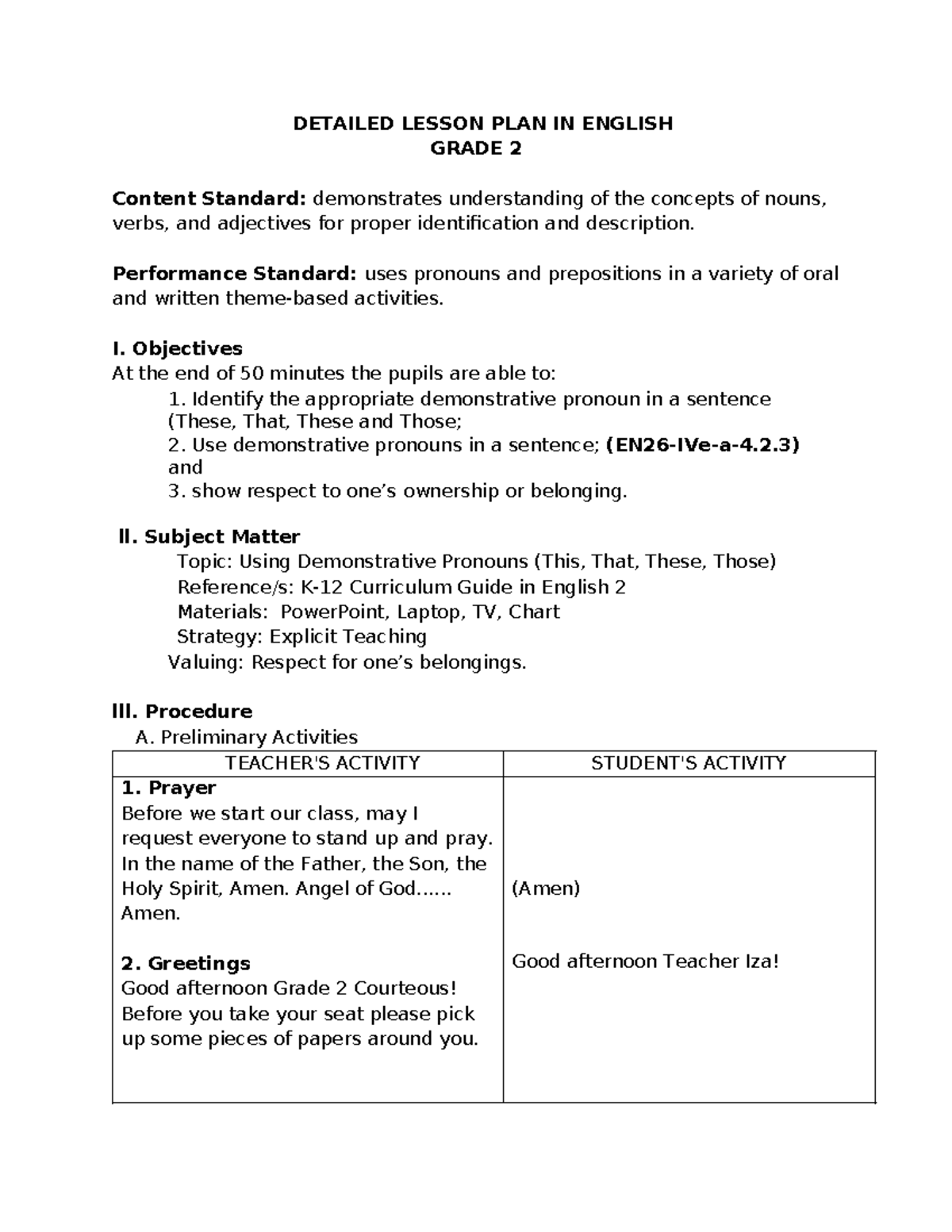 Detailed Lesson Plan: Using Demonstrative Pronouns (Eng 2) - Studocu