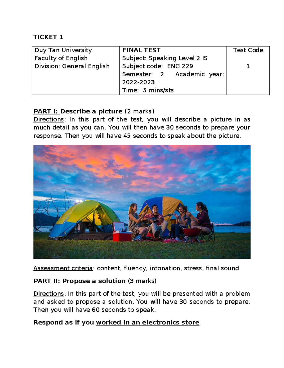 ENG 229 General English Final Test: Speaking Level 2 Guide - Studocu
