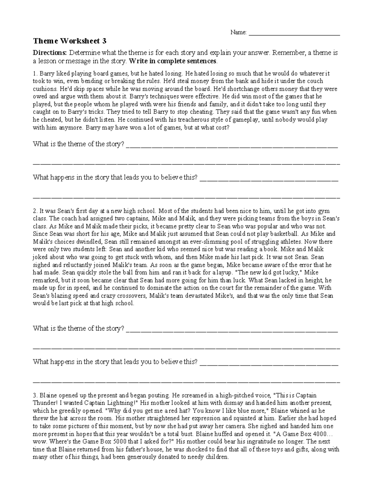 Theme Worksheet 3: Analyzing Lessons in Stories - Studocu