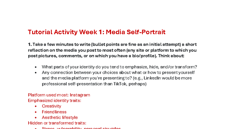 Example Portfolio Submission Week 1: Media Reflection Activity - Studocu