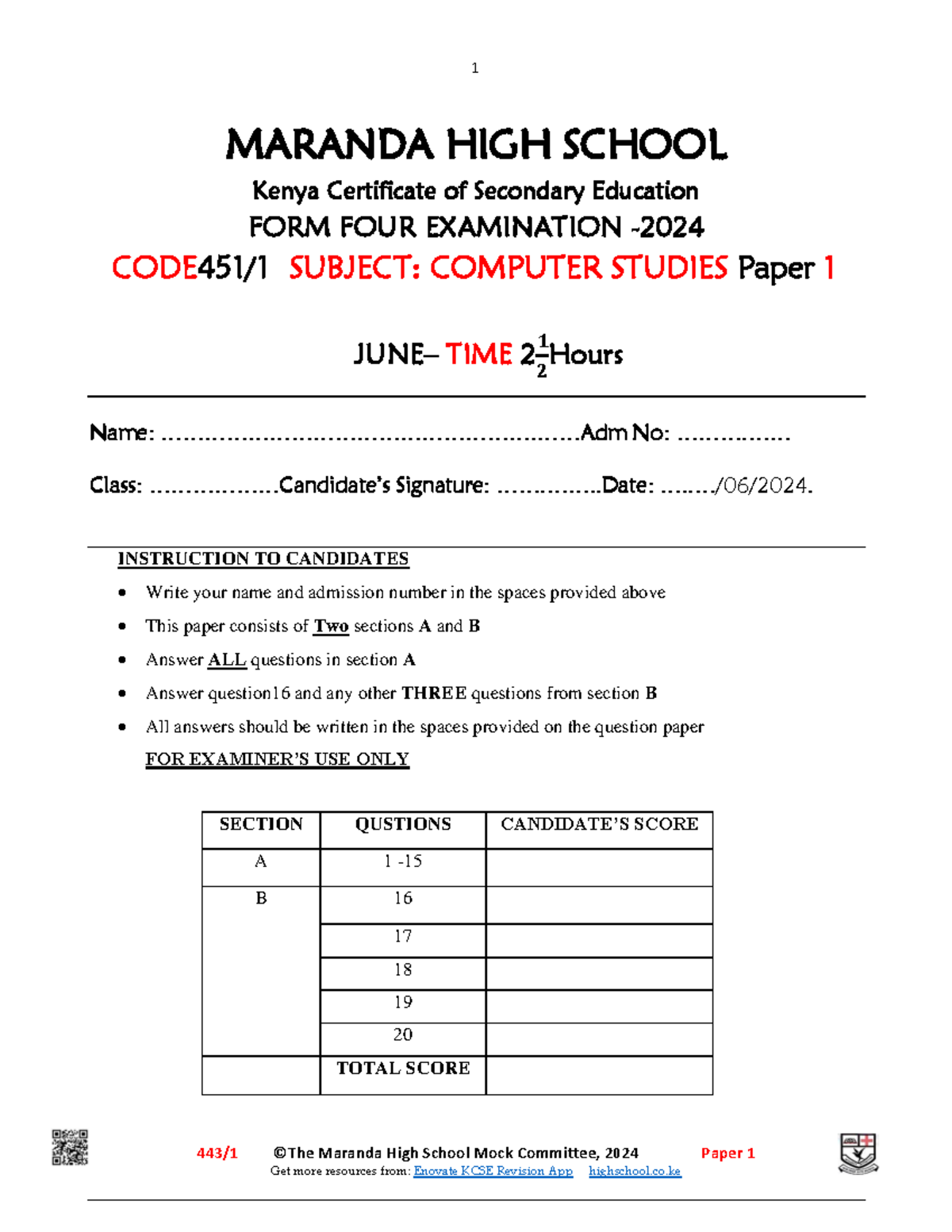 COMP 2024 Maranda High School Mock Exam Paper 1 - Computer Studies ...