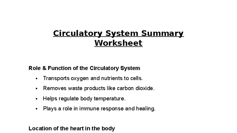Circulatory System Summary Worksheet: Key Functions & Components - Studocu