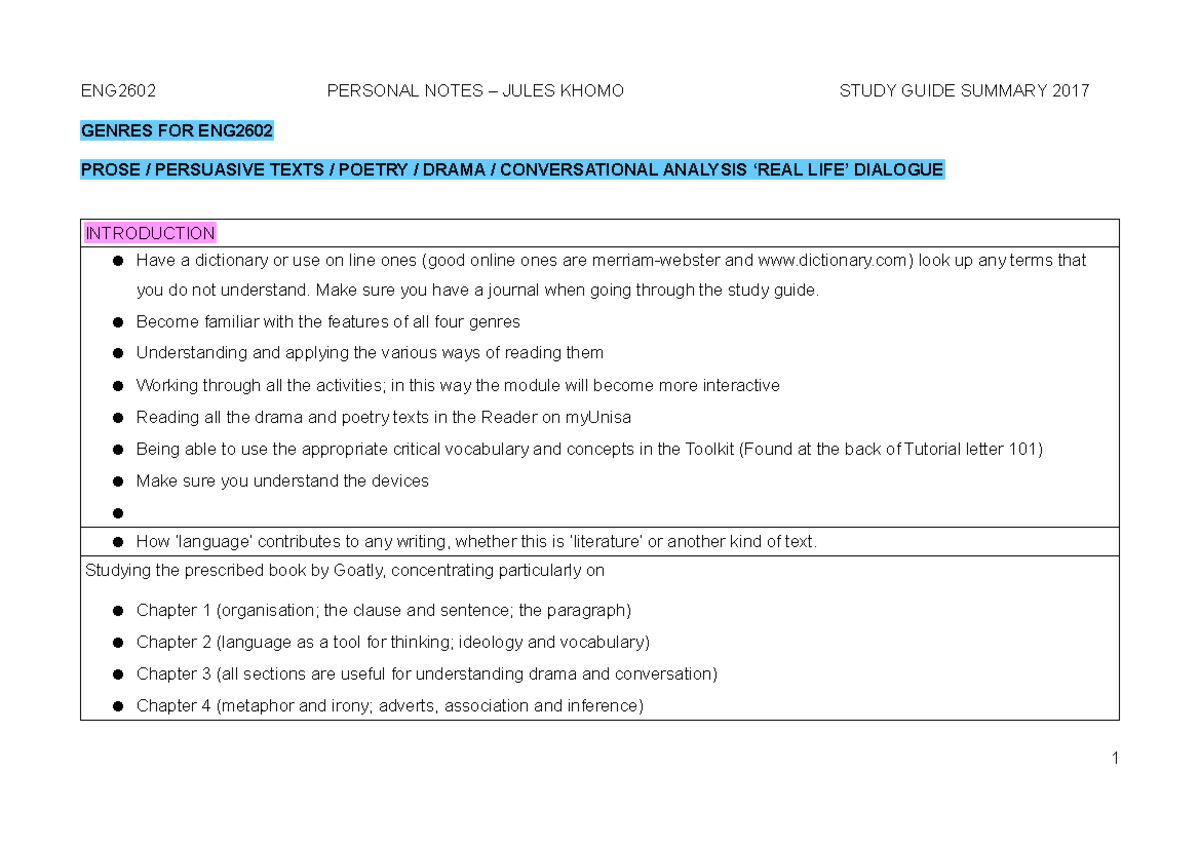 ENG2602 EXAM PREP Notes Study Guide Summary - GENRES FOR ENG PROSE ...