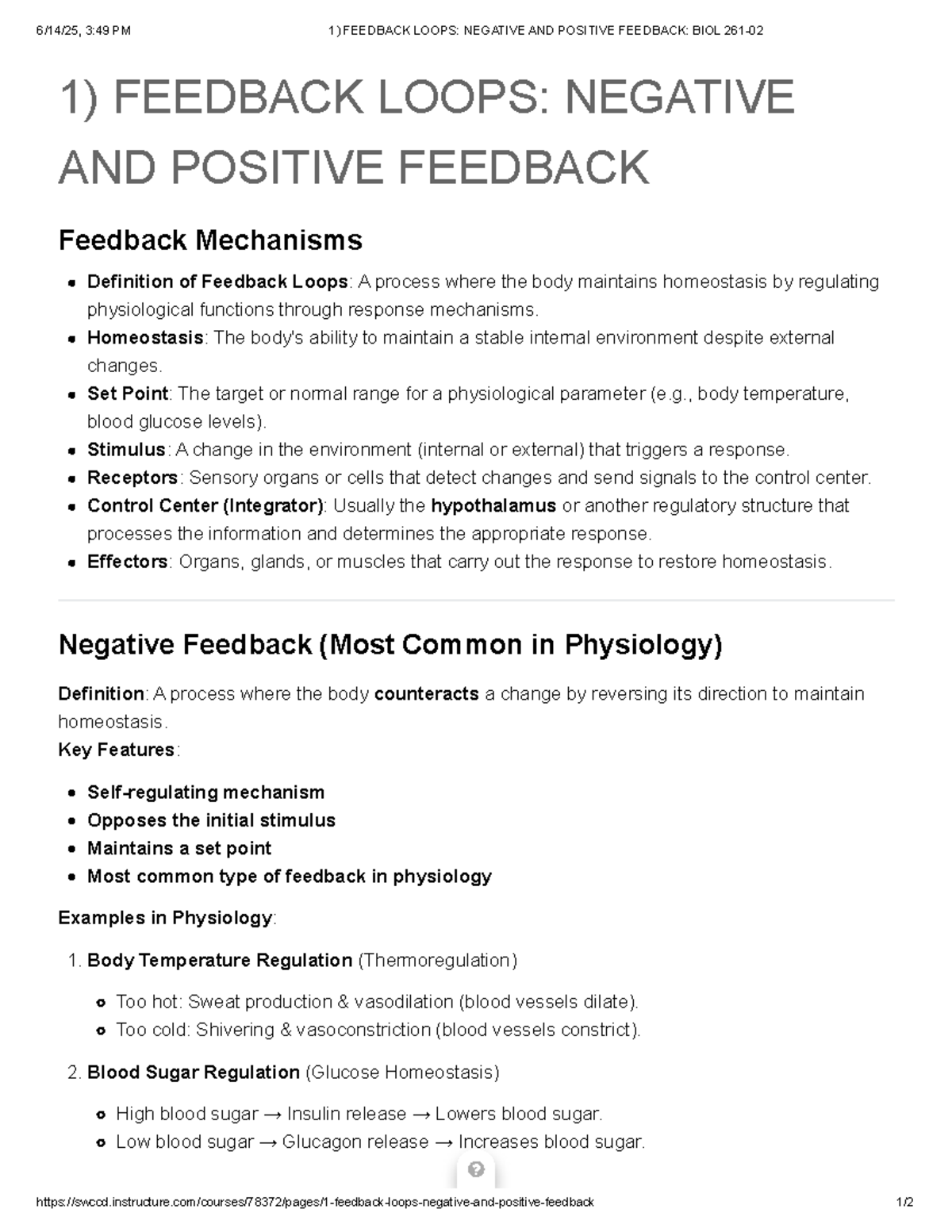Feedback Mechanisms: Positive & Negative Loops - BIOL 261-02 - Studocu