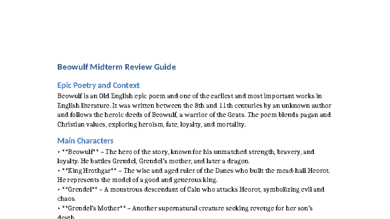 Beowulf (ENG 101) Midterm Review: Epic Poetry & Key Themes - Studocu