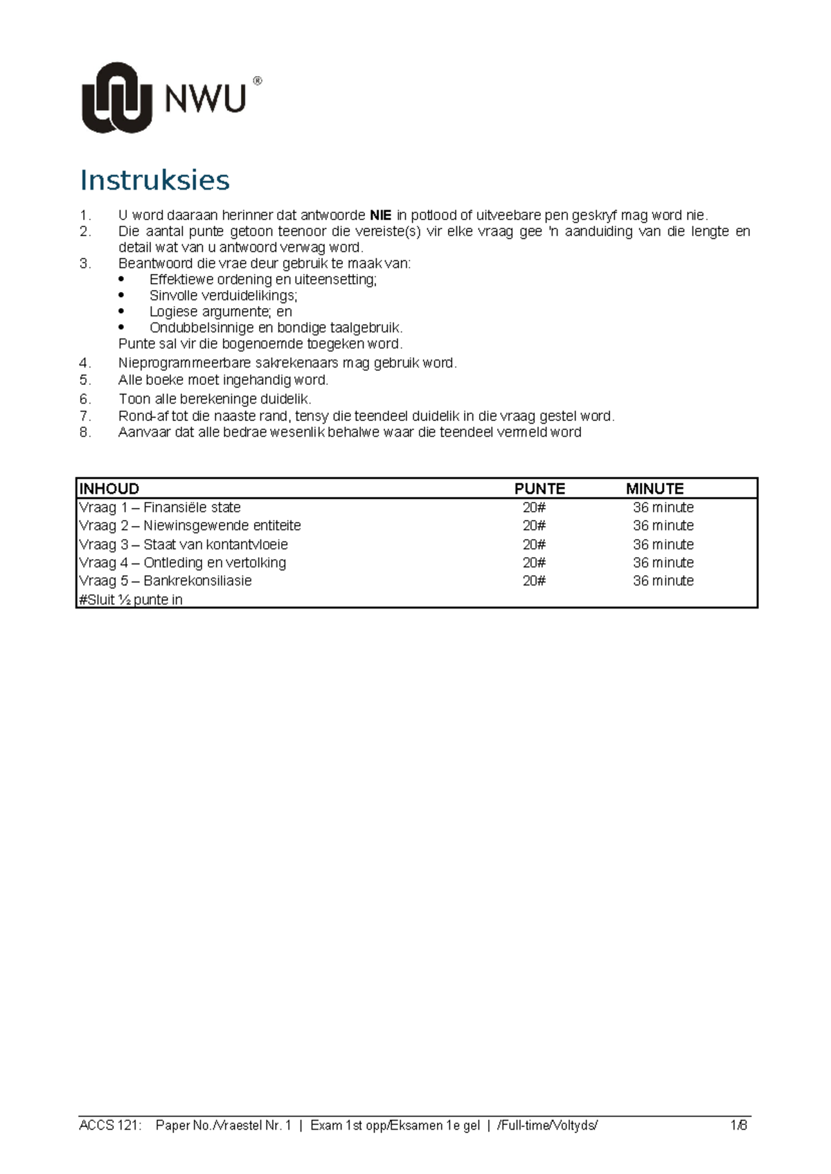 ACCS 121: Paper Nr. 1 Exam Instructions and Questions - Studocu