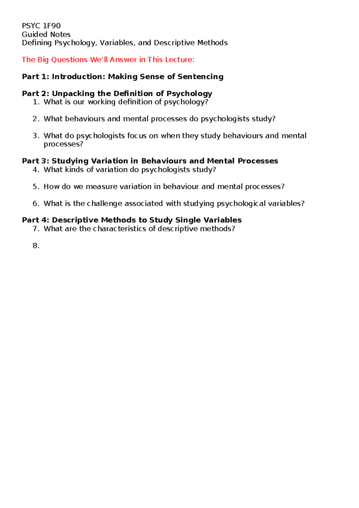 PSYC 1F Lecture Notes: Understanding Variables & Descriptive Methods ...