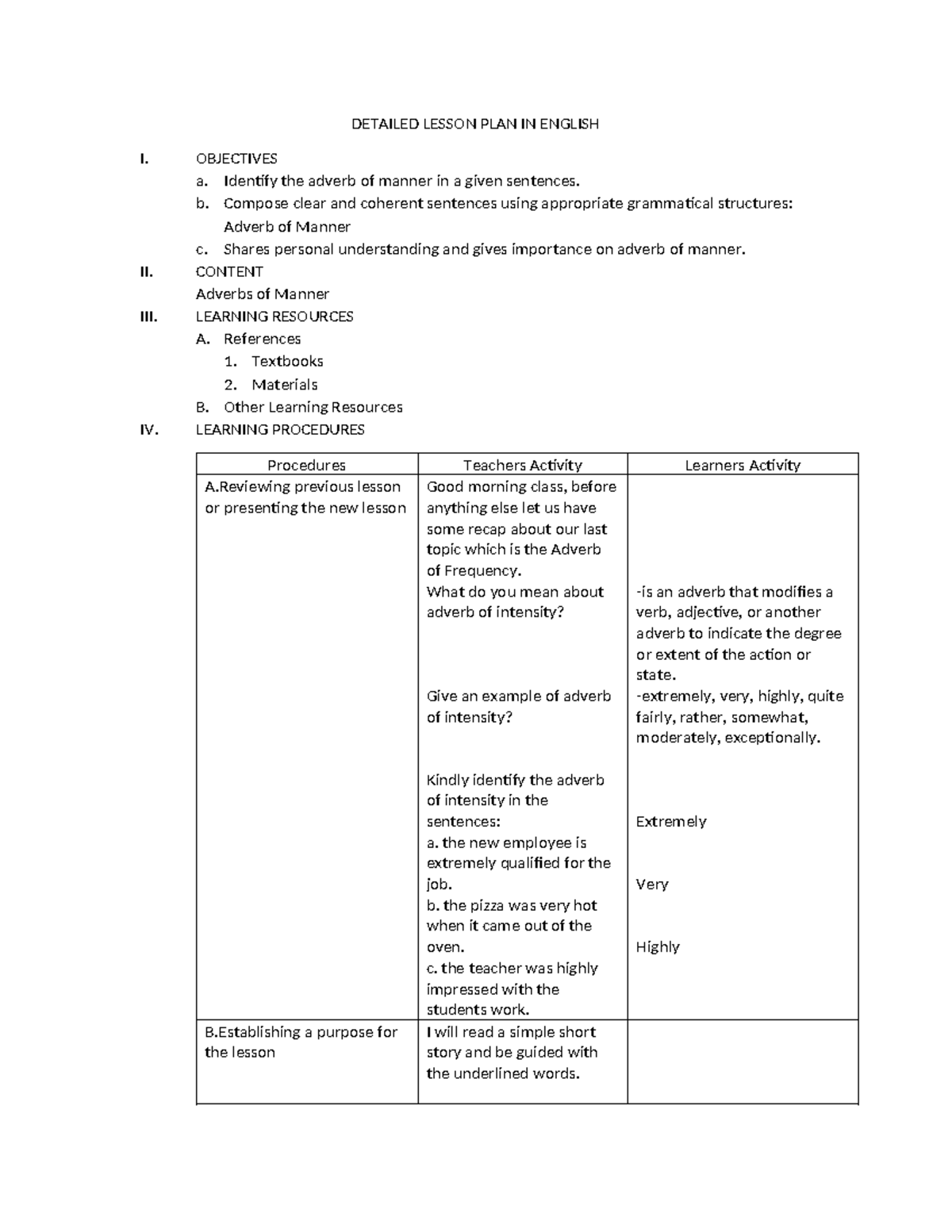 Detailed Lesson Plan on Adverbs of Manner for English 6 - Studocu