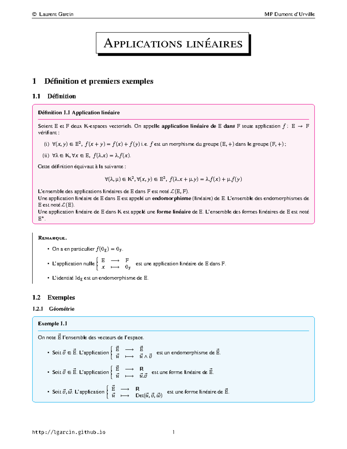 Applications Linéaires 1 - Définition et Exemples (Laurent Garcin MP ...