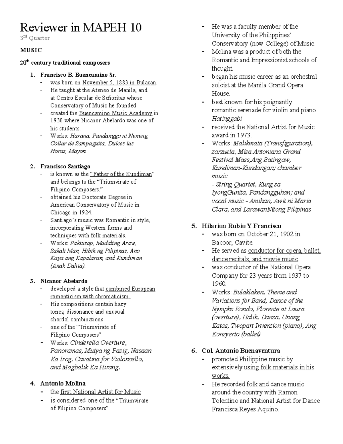 MAPEH 10 Final Exam Reviewer: Music and Arts Overview - Studocu