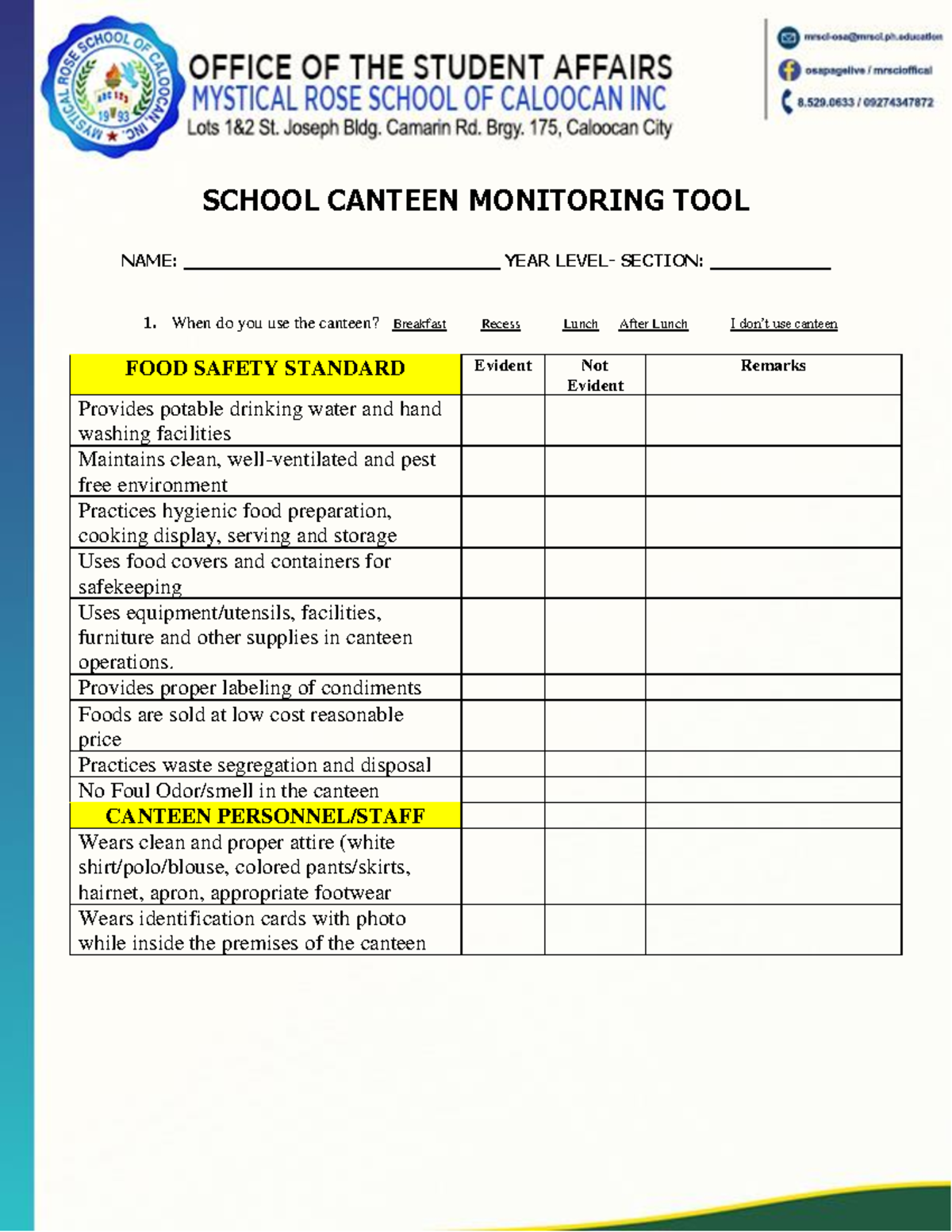 Canteen Evaluation Form for School Monitoring Tool - Studocu