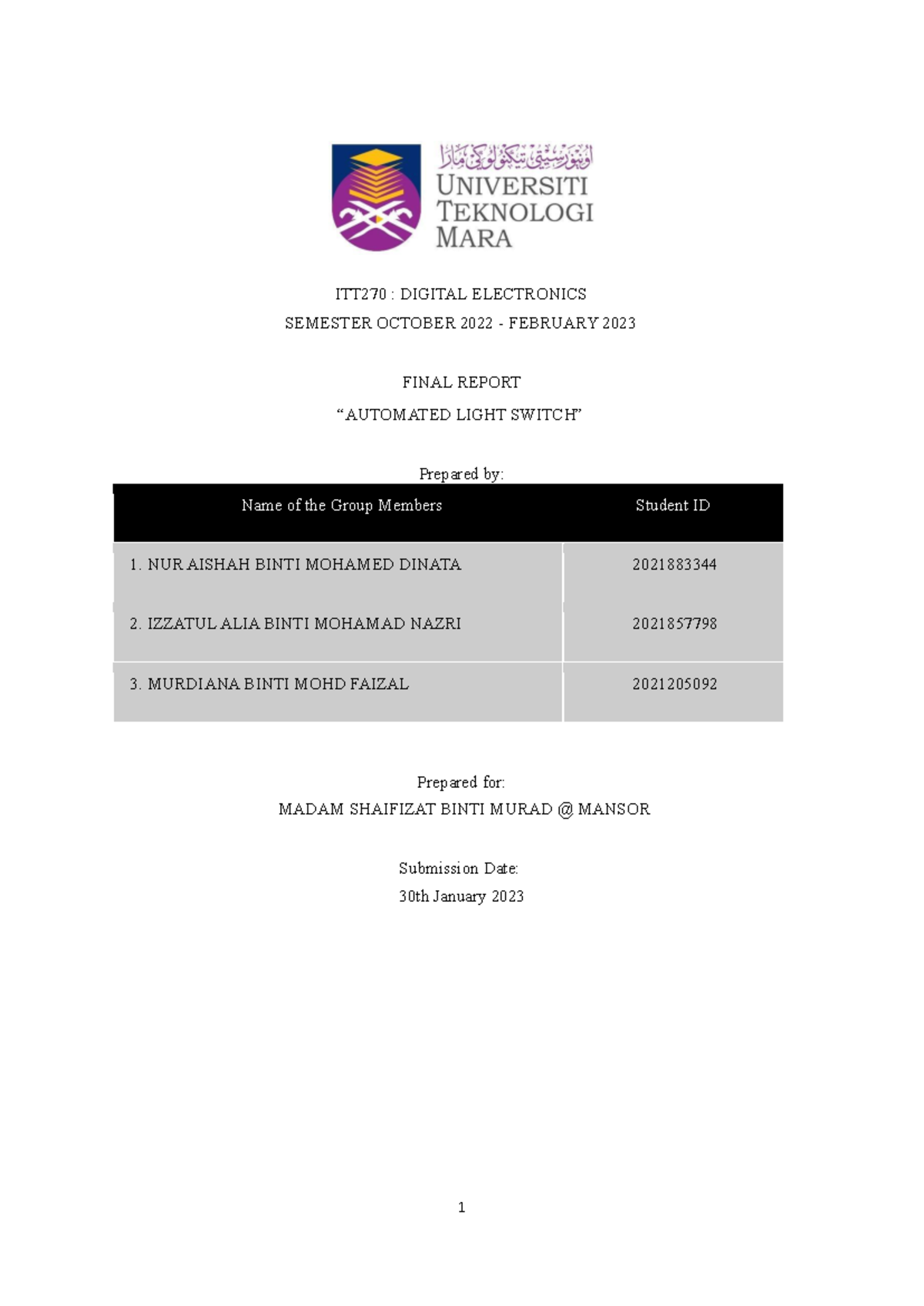 ITT270 Final Report - Automated Light Switch Project Overview - Studocu