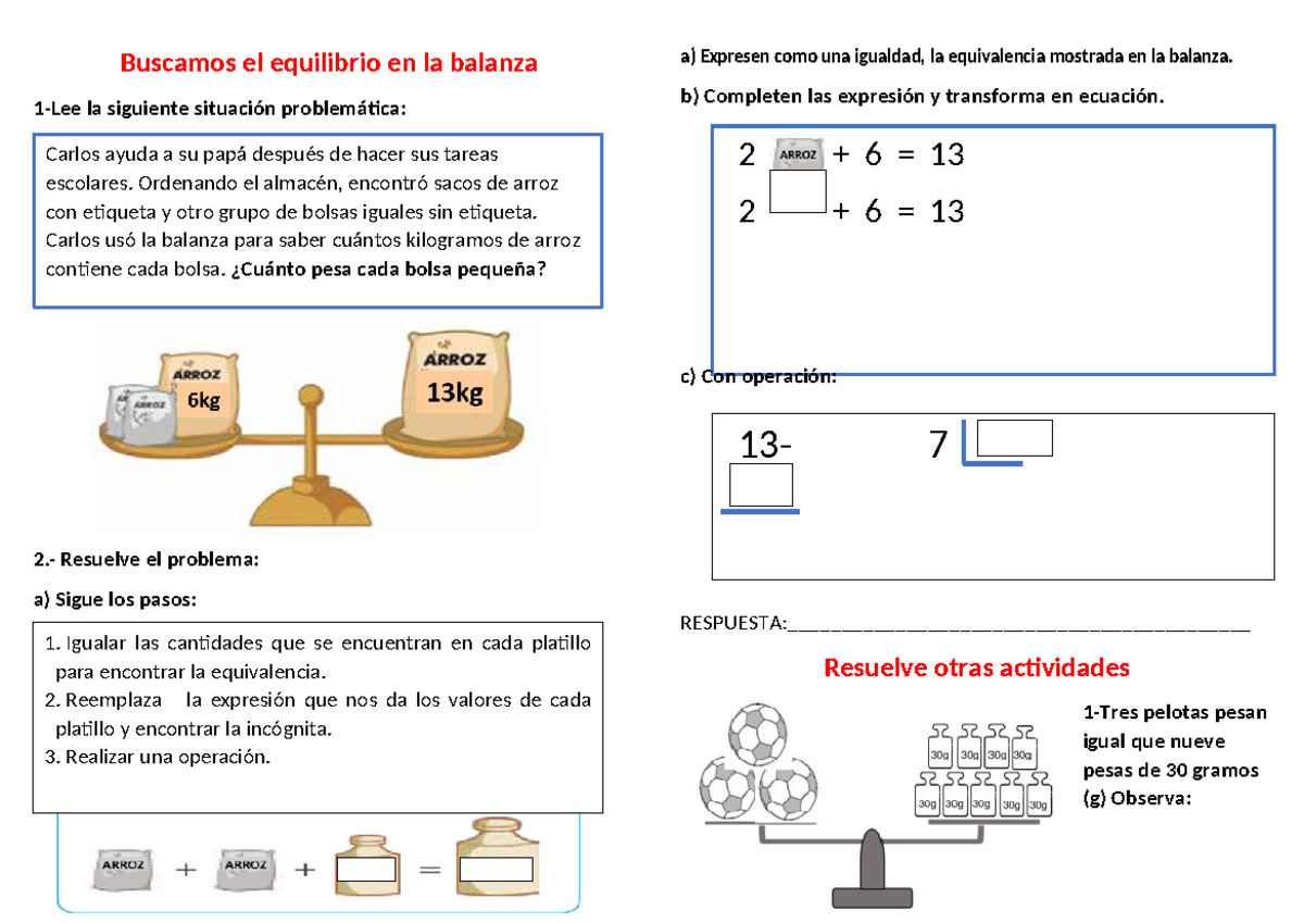 Ficha 9 de Octubre MAT: Problemas de Equilibrio en la Balanza - Studocu
