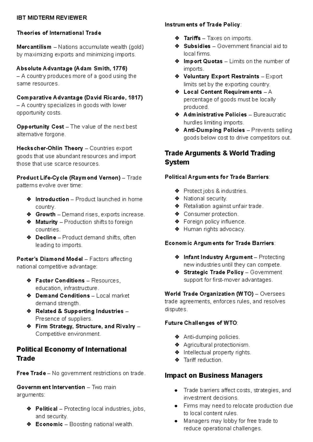 IBT MIDTERM REVIEWER: Instruments of Trade Policy & International Trade ...