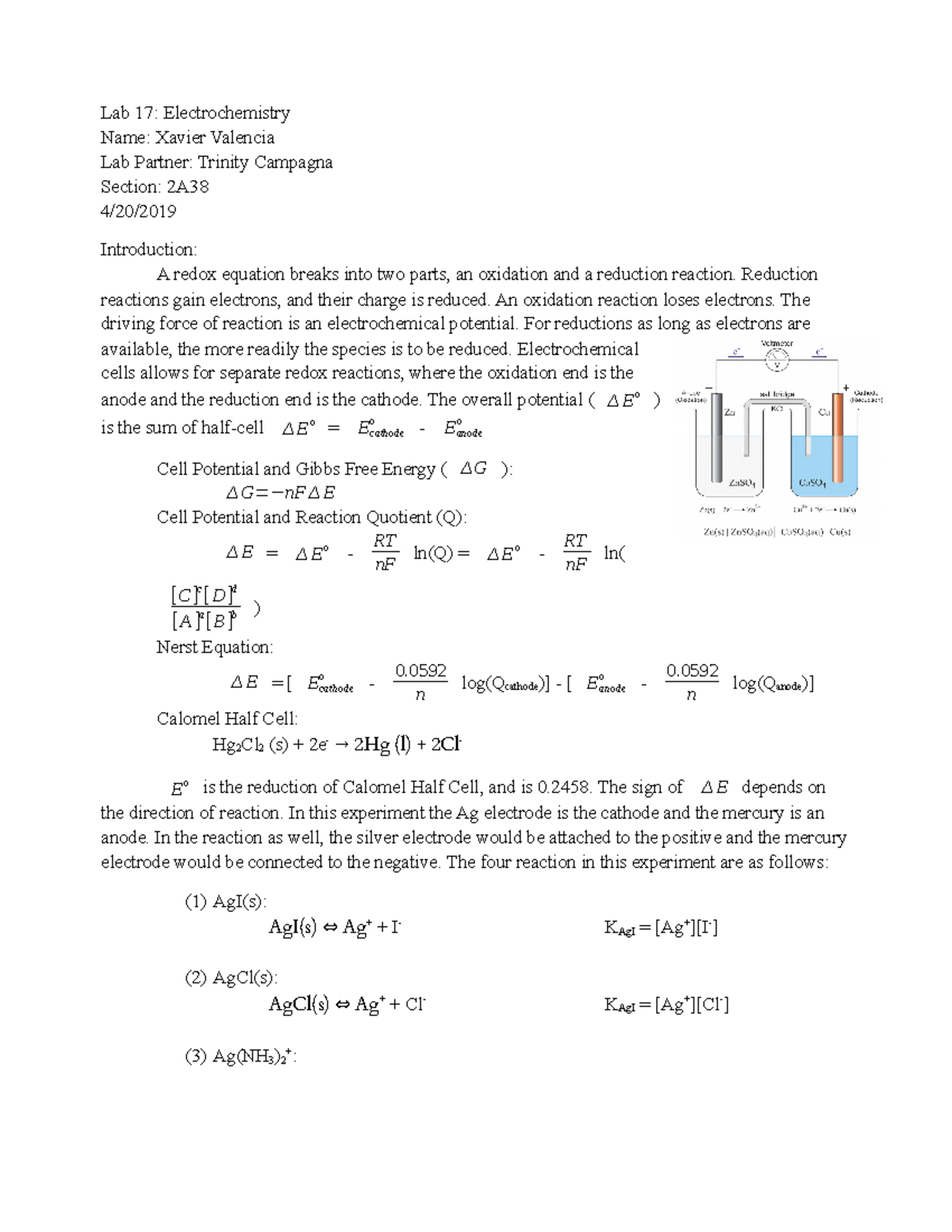 Lab 17: Analyzing Redox Reactions and Equilibrium Constants in ...