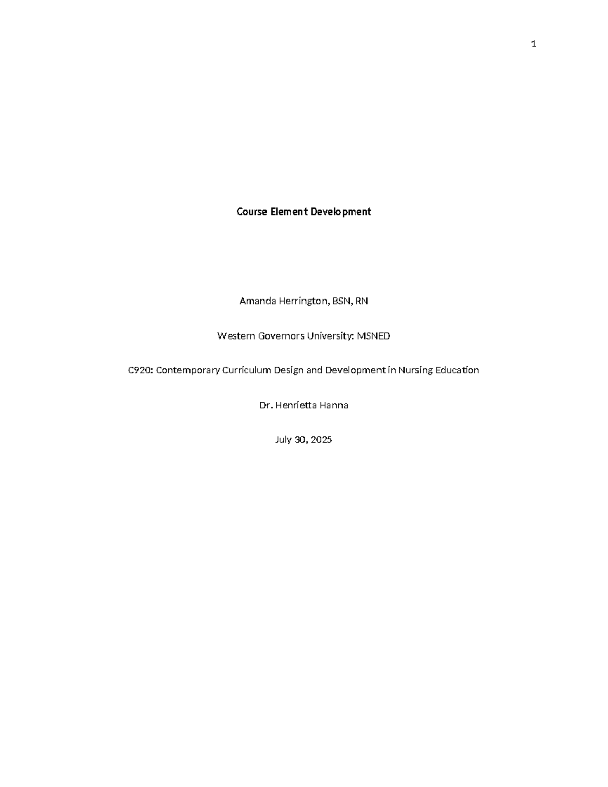 C920: Course Element Development Using the ADDIE Model in Nursing ...
