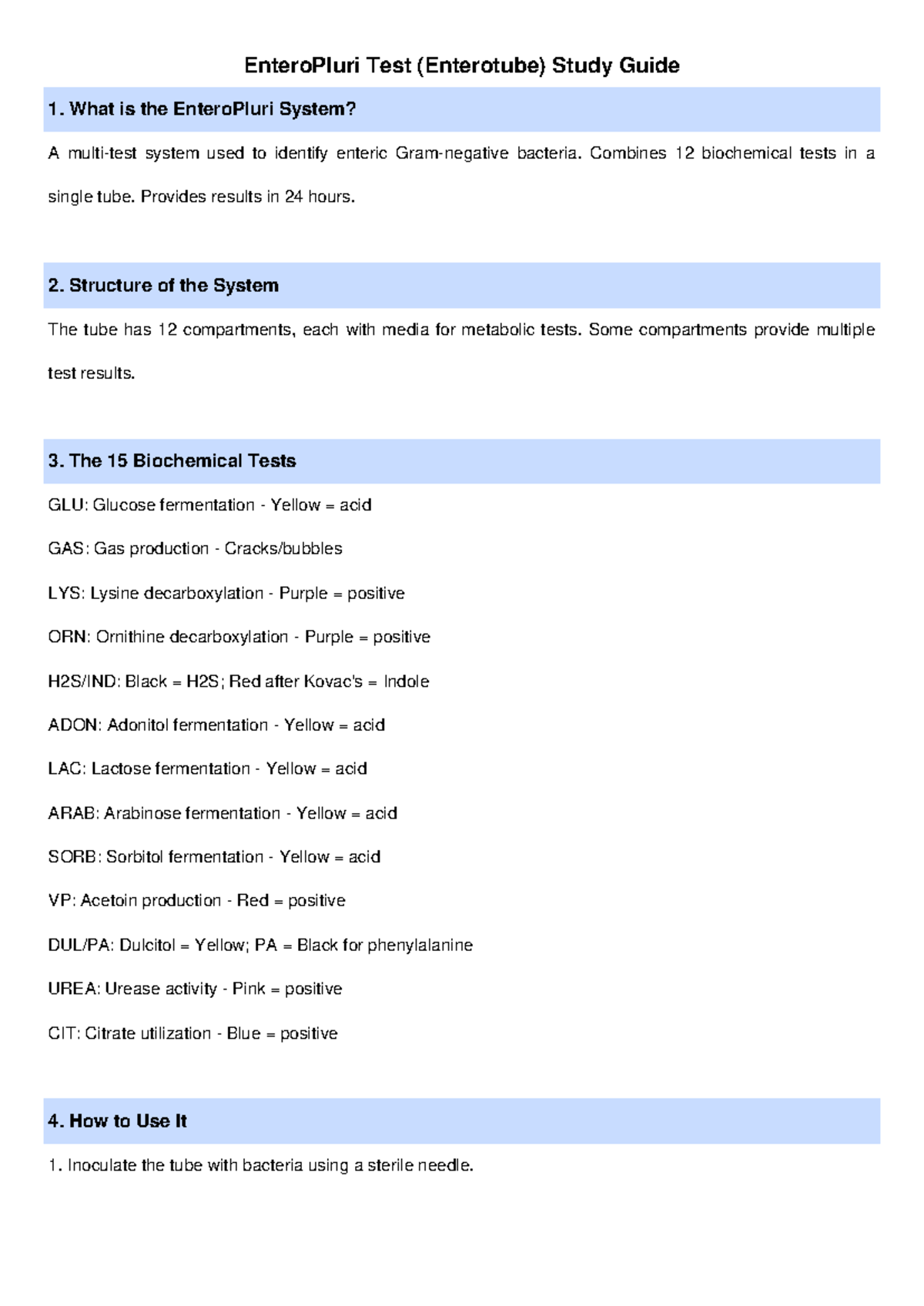 EnteroPluri Test (Enterotube) Study Guide for Bacterial Identification ...