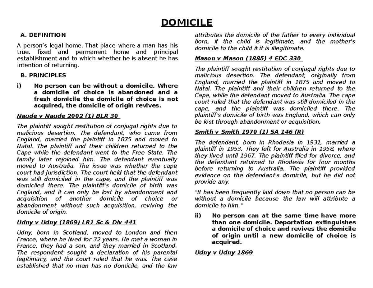 Domicile Notes Overview: Principles and Case Studies in Law - Studocu