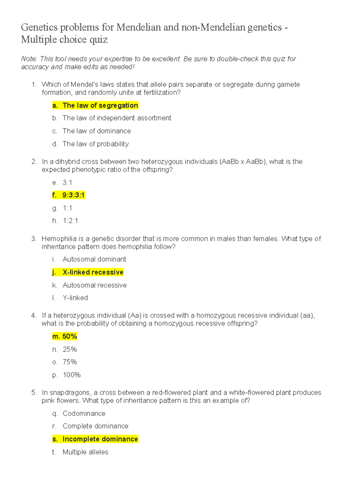 Genetics Problems: MCQ on Mendelian & Non-Mendelian Concepts - Studocu