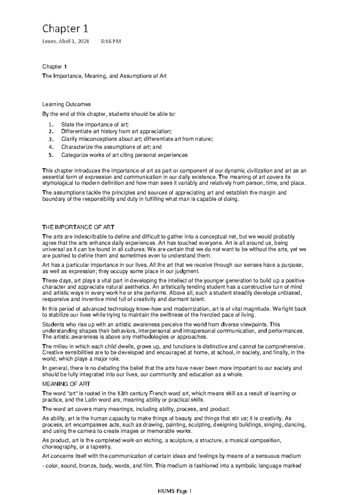 Chapter 1: Understanding the Importance and Meaning of Art - Studocu