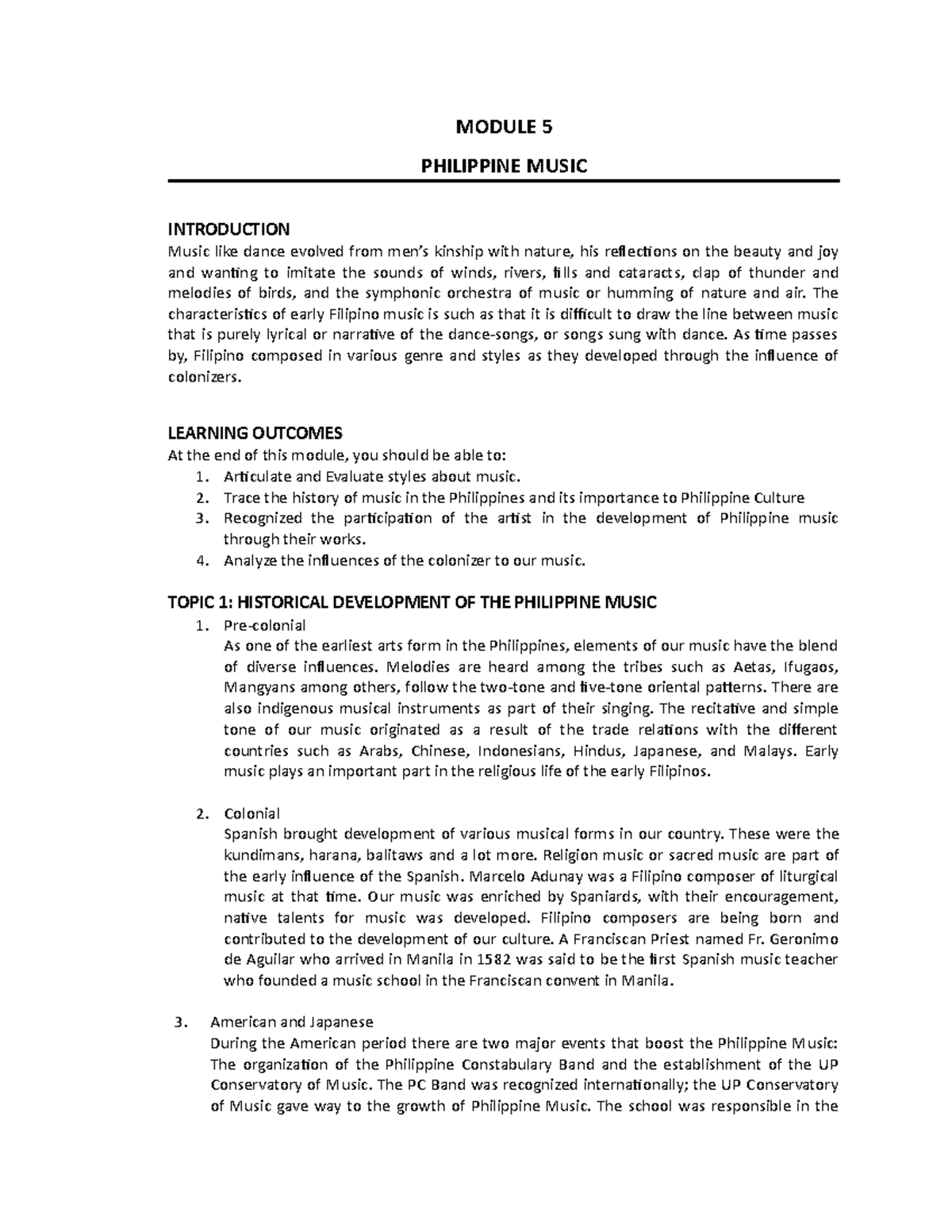 Module 5 - Understanding Philippine Music: History and Evolution - Studocu