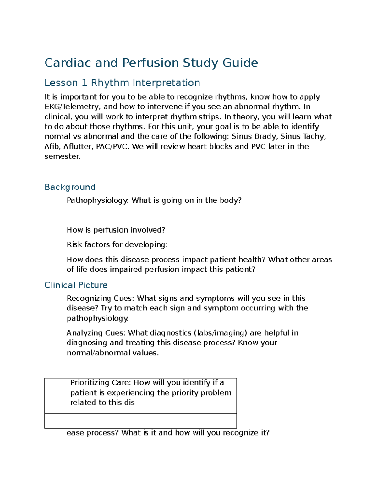 Study Guide: Cardiac & Perfusion - Lesson 1 Rhythm Interpretation - Studocu