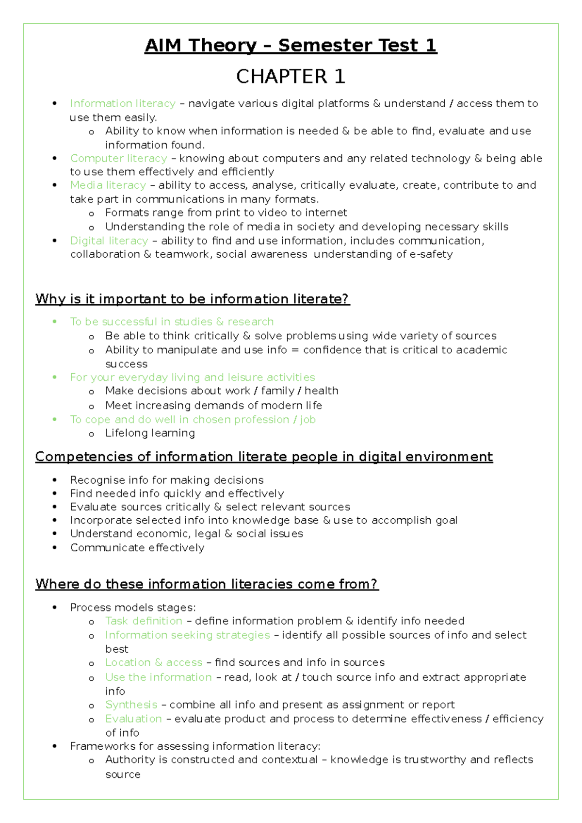 AIM Theory Semester Test 1: Understanding Information Literacy and ...