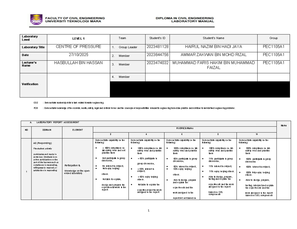 PEC1105A1 Level 1 Lab Report: Center of Pressure Analysis - Studocu