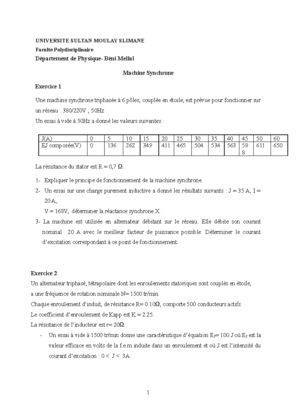 Exercices Corrigés sur les Machines Synchrones - M. Synchrone - Studocu