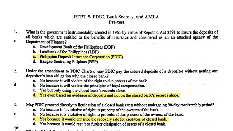 RFBT PDIC, Bank Secrecy, and AMLA Quiz Answers - Studocu