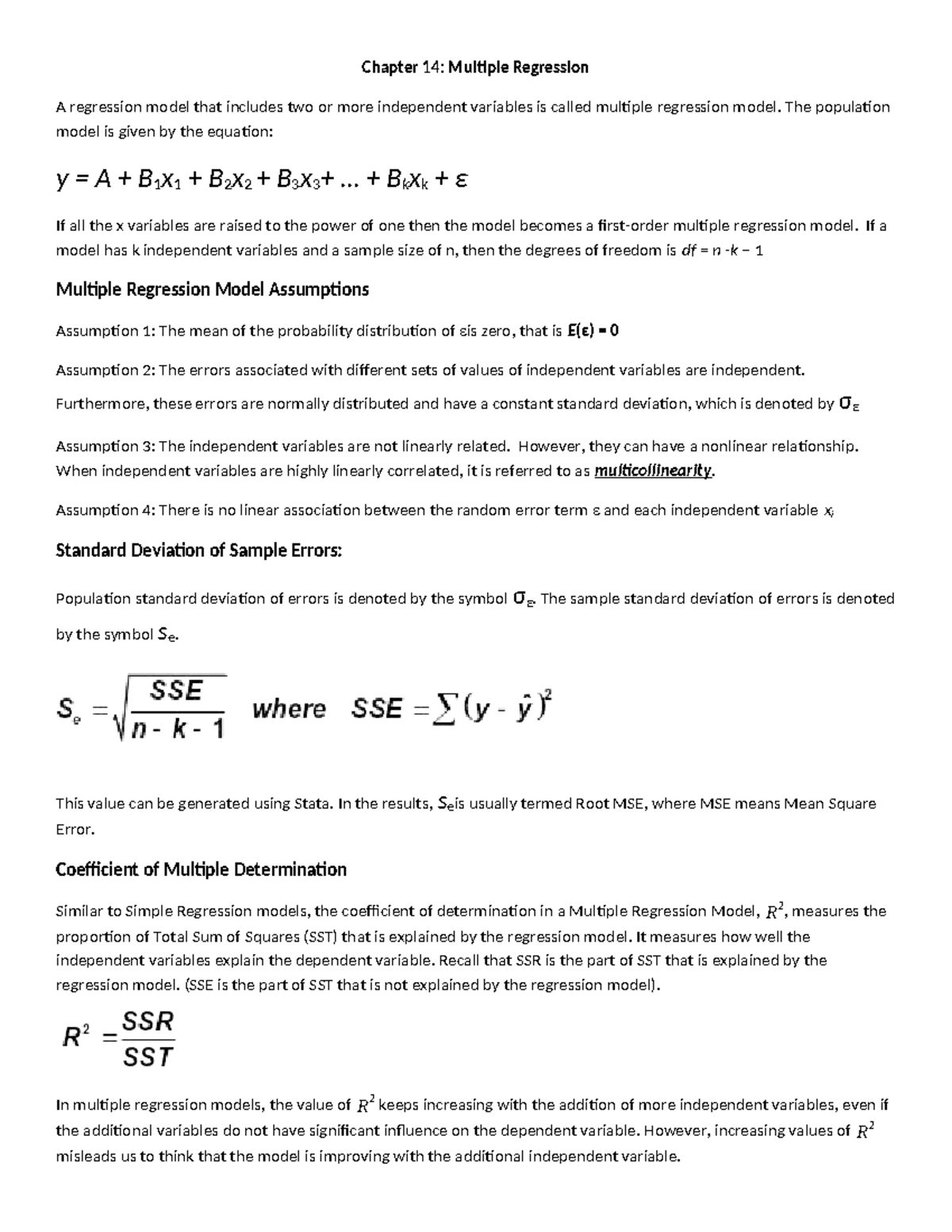 Chapter 14: Multiple Regression Analysis Notes (Ch 14) - Studocu