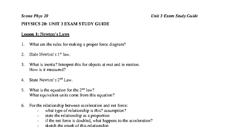 Scona Phys 20 Unit 3 Exam Study Guide: Key Concepts & Examples - Studocu