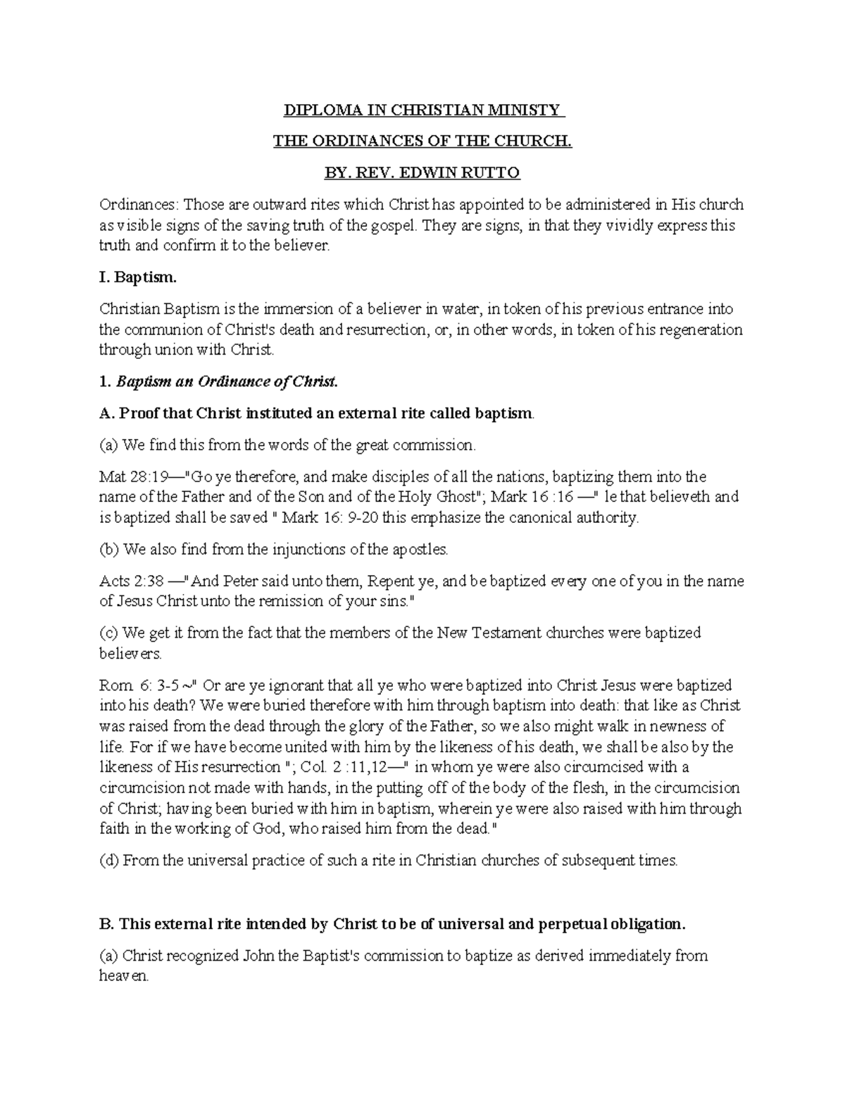 THE Ordinances OF THE Church - DIPLOMA IN CHRISTIAN MINISTY THE ...