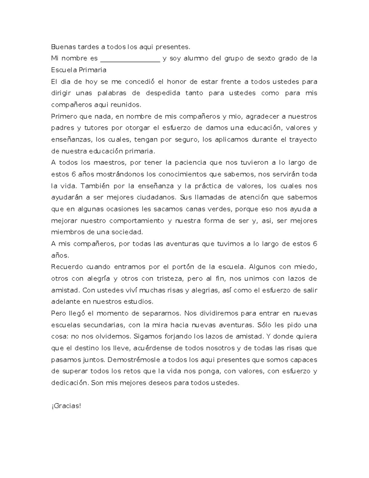 Discurso de Despedida 6to Grado - Palabras Finales - Studocu