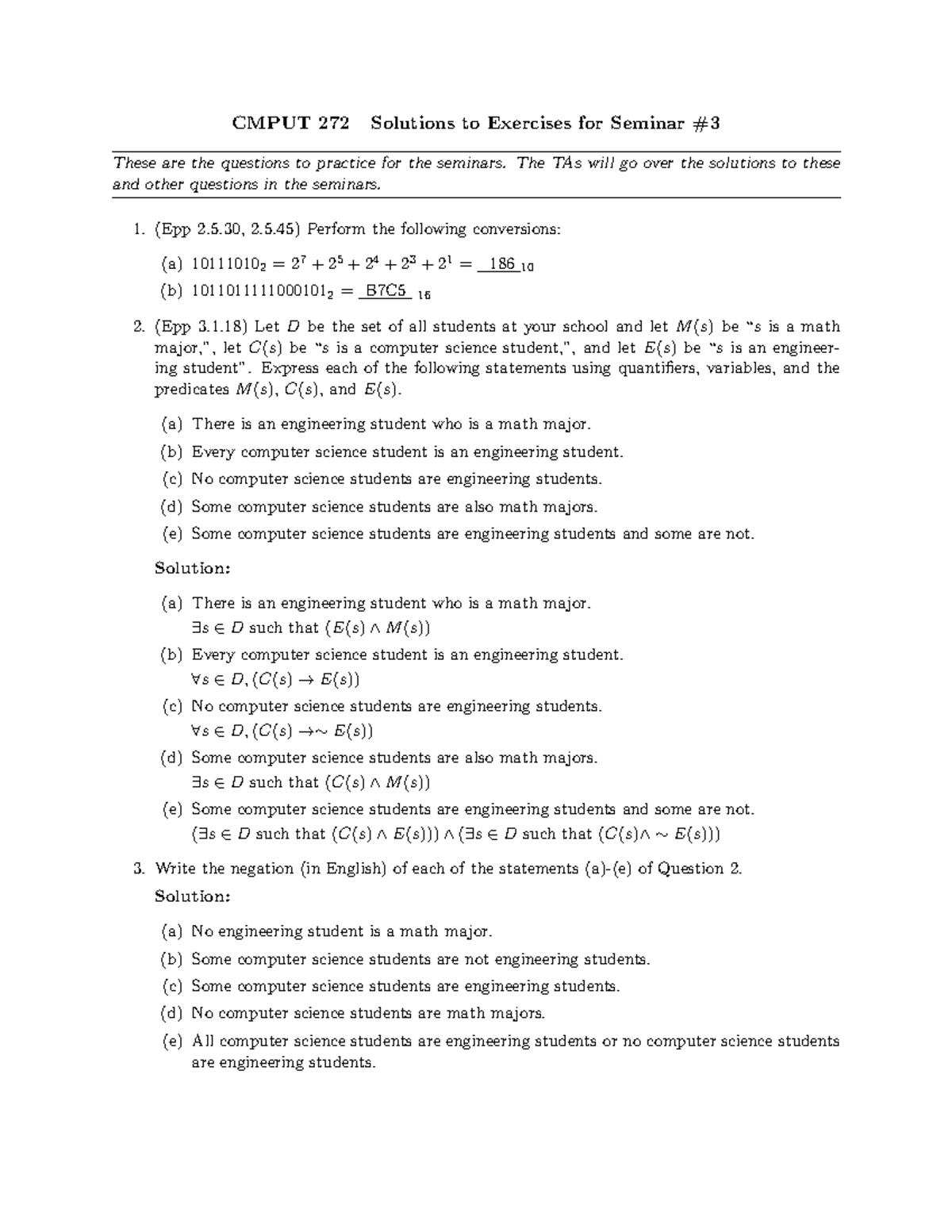 CMPUT 272 Seminar 3 Solutions to Practice Exercises - Studocu