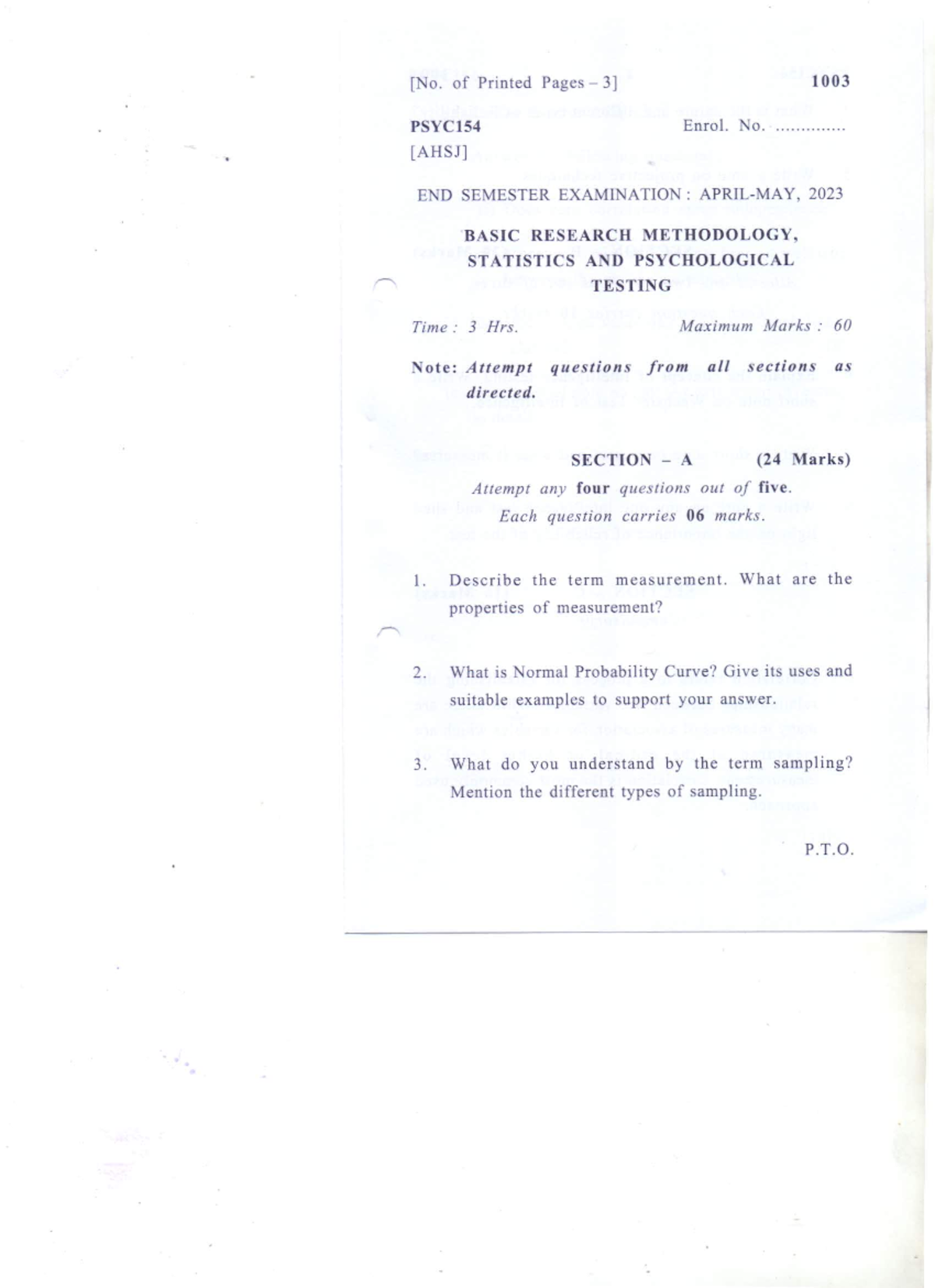 PSYC154 End Semester Exam: Basic Research Methodology & Statistics ...