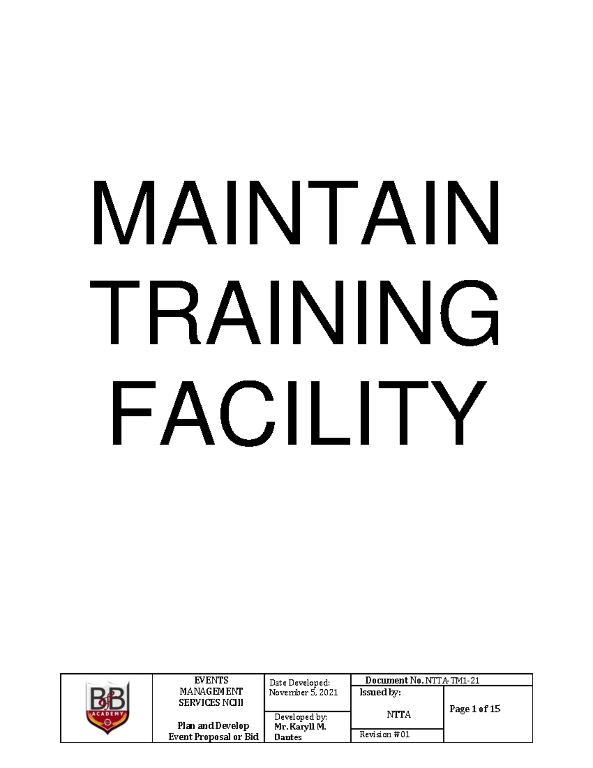 Maintain Training Facility Documentation for Events Management NCIII ...