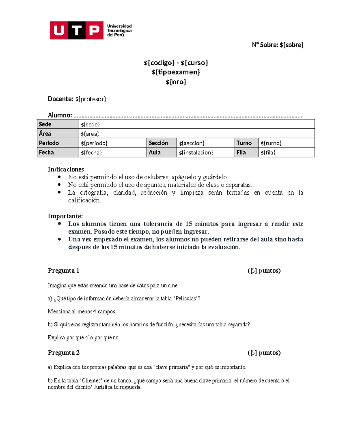 Examen Final PC1: Base de Datos - Instrucciones y Preguntas - Studocu