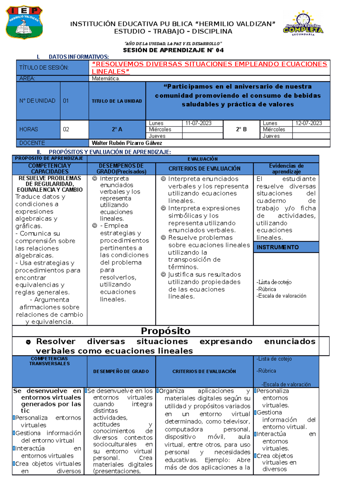 Sesión de Aprendizaje 04: Resolución de Ecuaciones Lineales ...
