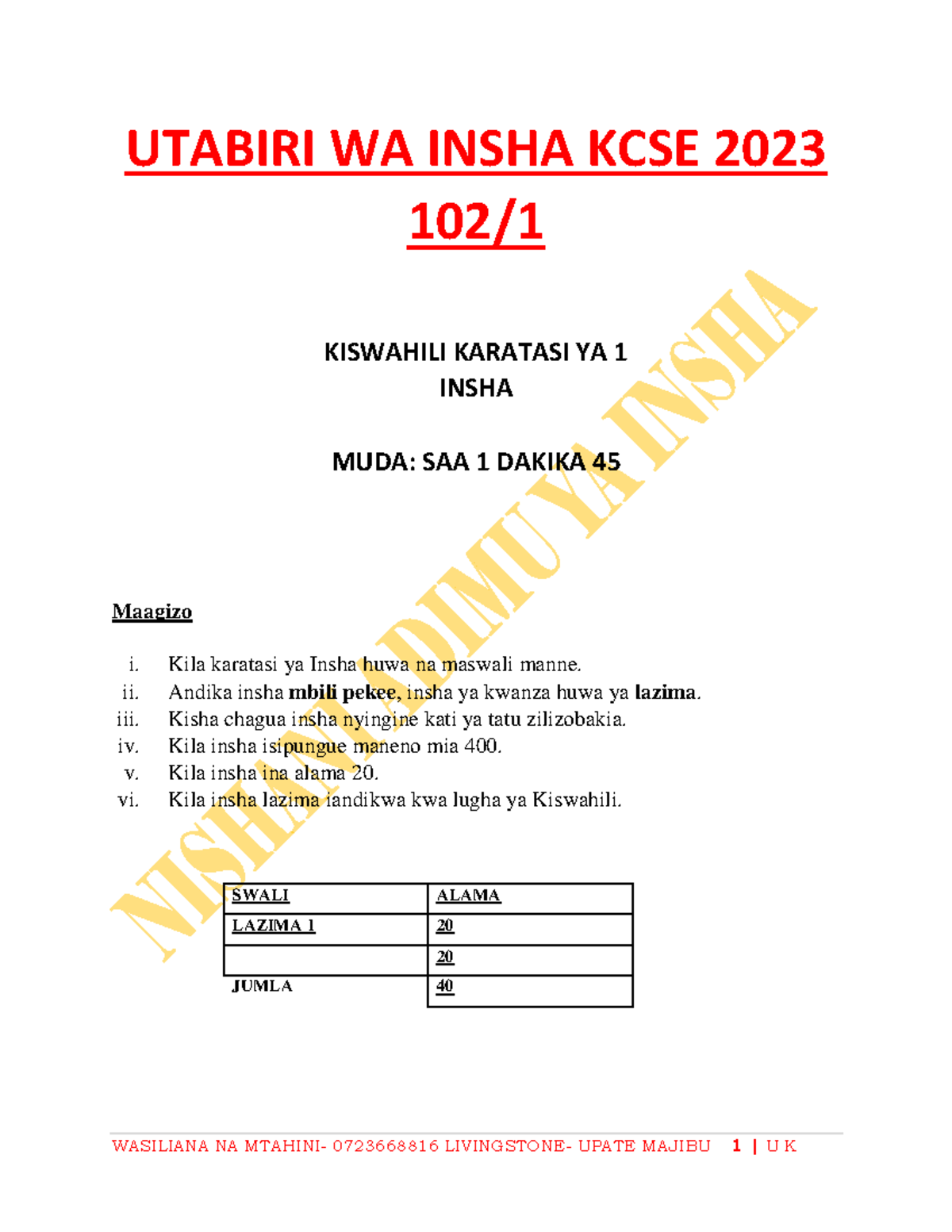 Utabiri wa Insha KCSE 102/1 2023: Maswali na Maagizo - Studocu