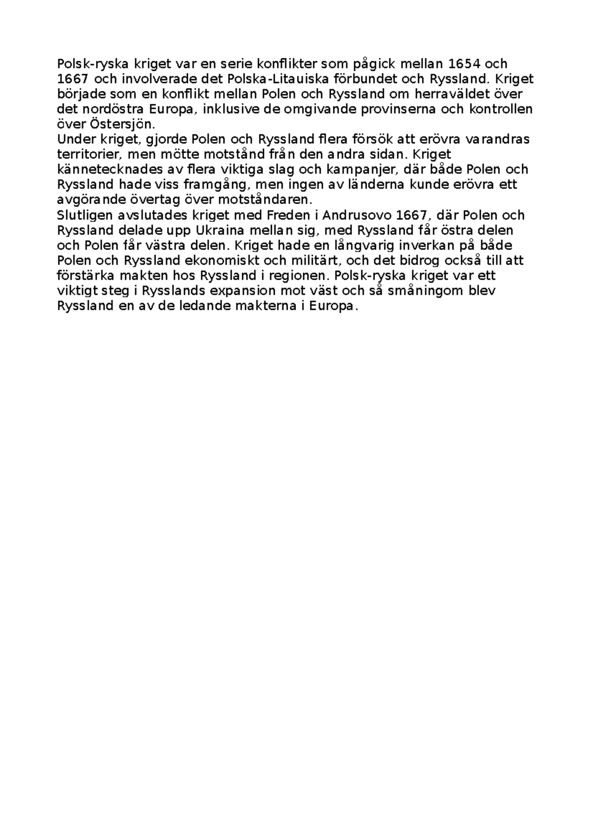 Polsk-ryska kriget 1654-1667: Konflikter och Resultat - Studocu