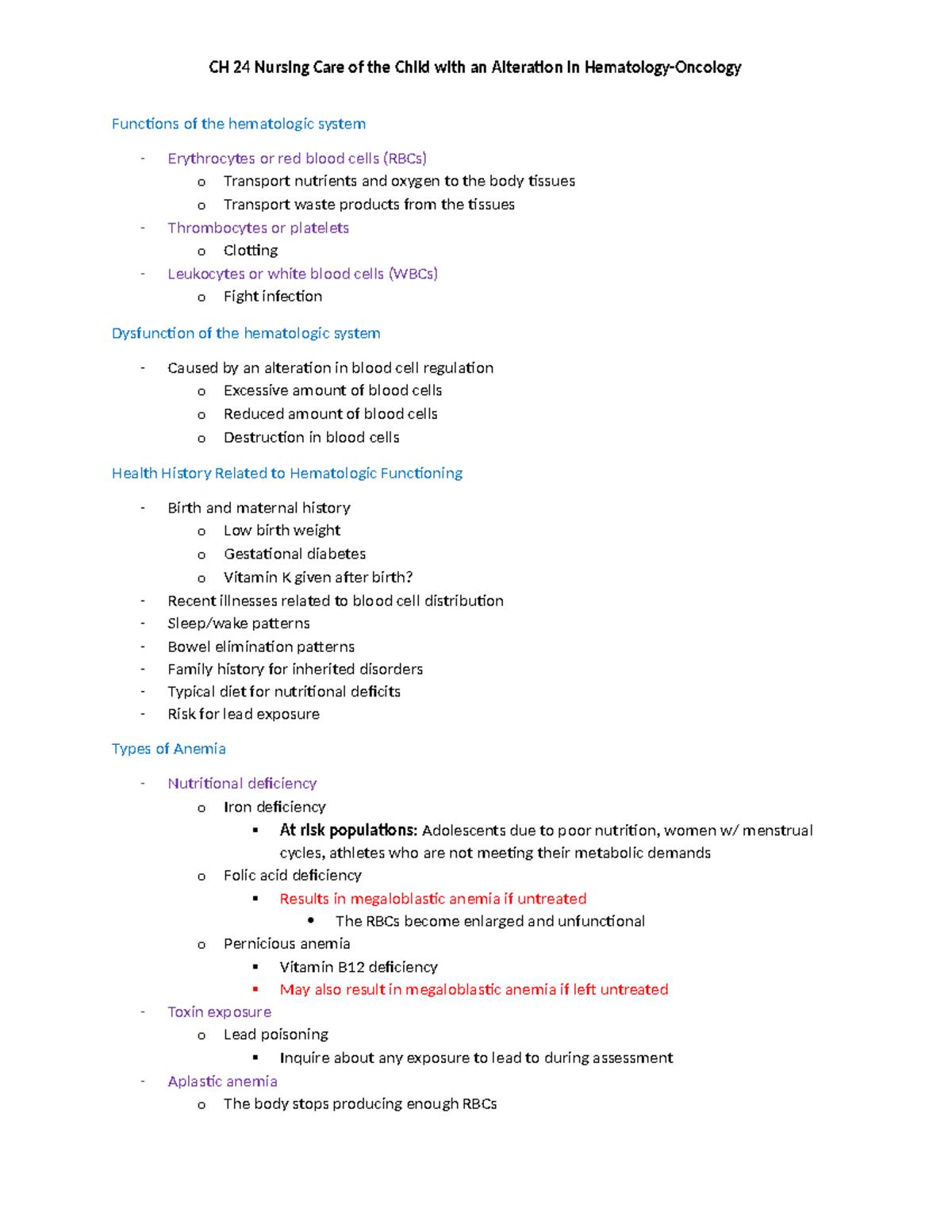 CH 24 Nursing Care for Hematology-Oncology in Pediatric Patients - Studocu