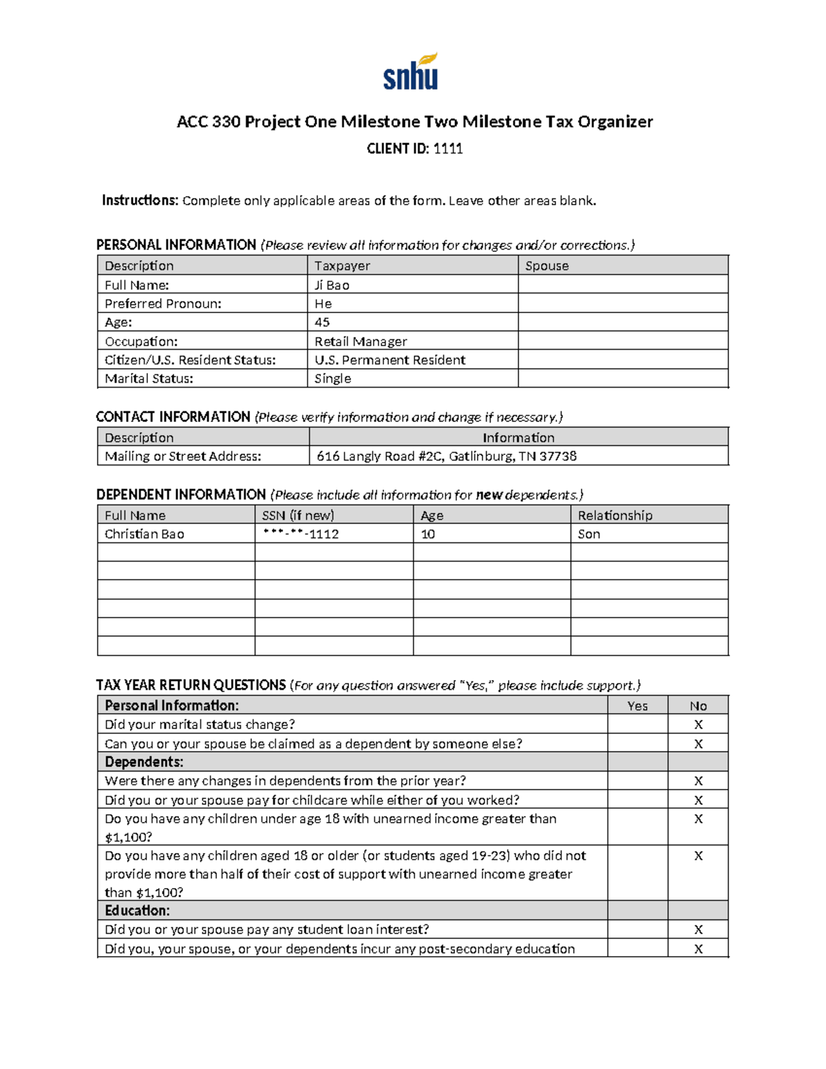 ACC 330 Project One Milestone Two Tax Organizer Client 1111 - ACC 330 Project One Milestone Two ...
