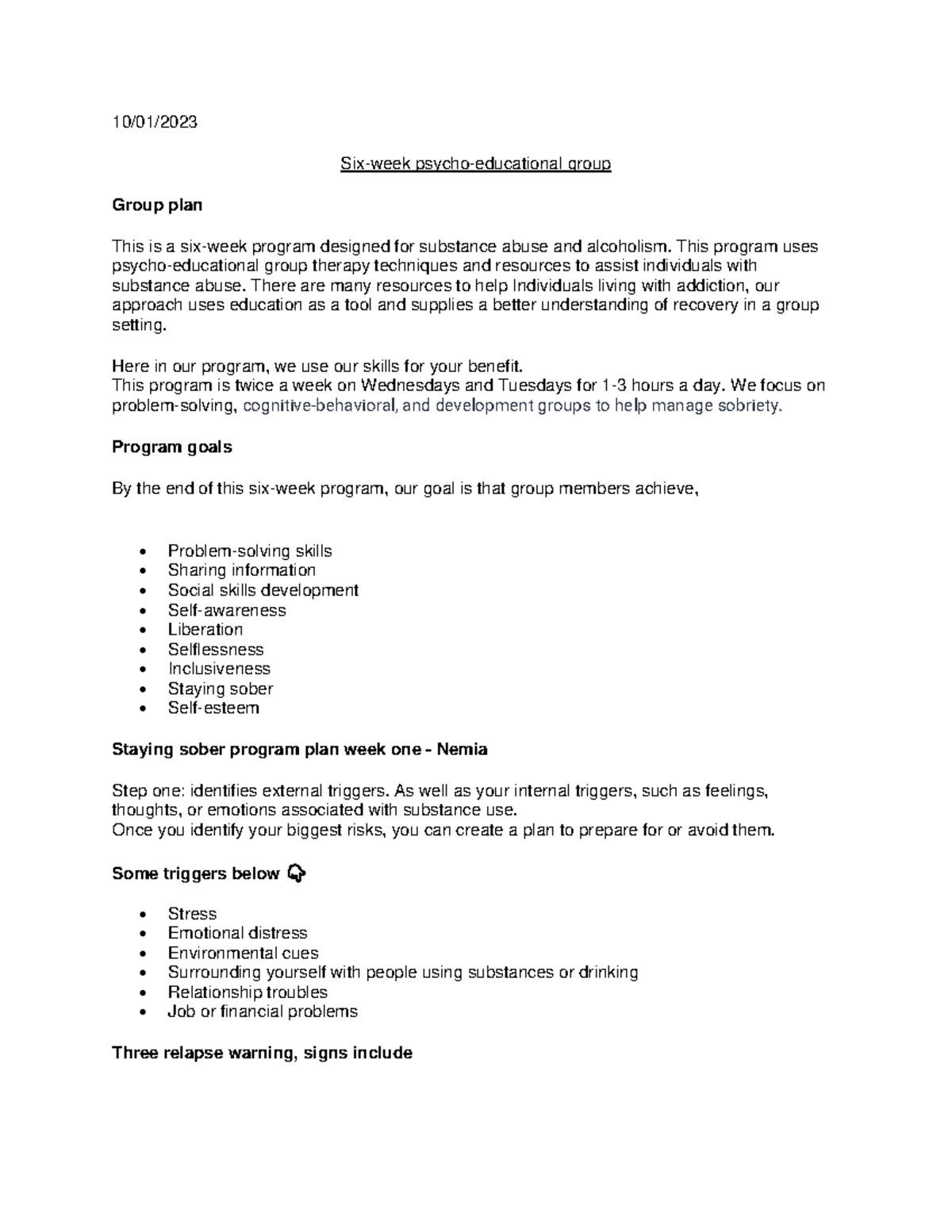 6 week group - GFC4 - 10/01/ Six-week psycho-educational group Group ...