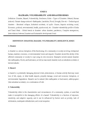 DRRM - MX3084 - 23MX302 - UNIT II - UNIT II DISASTER RISK REDUCTION (DRR) Sendai Framework for ...