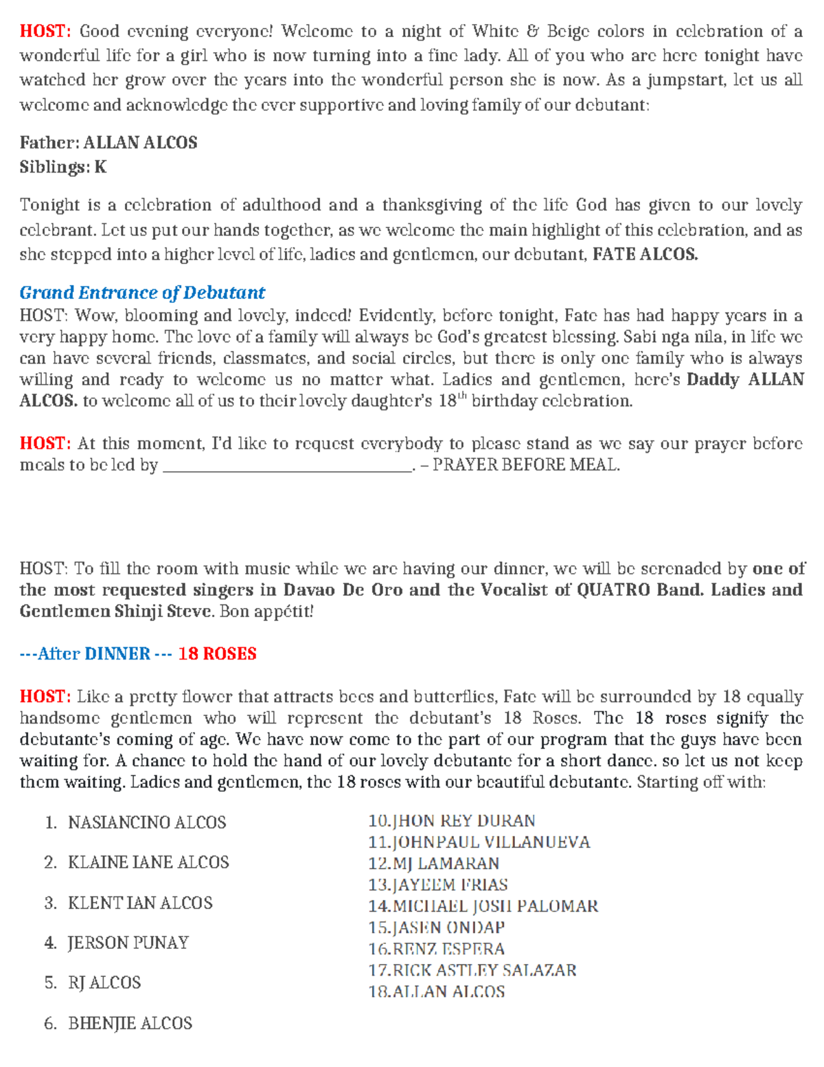 Fate Alcos' 18th Birthday Celebration Program Overview - Studocu