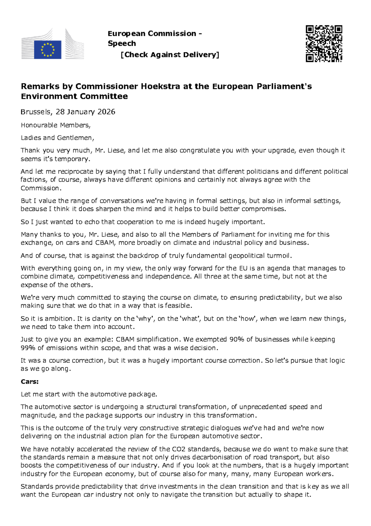 Remarks by Commissioner Hoekstra at the EU Environment Committee ...